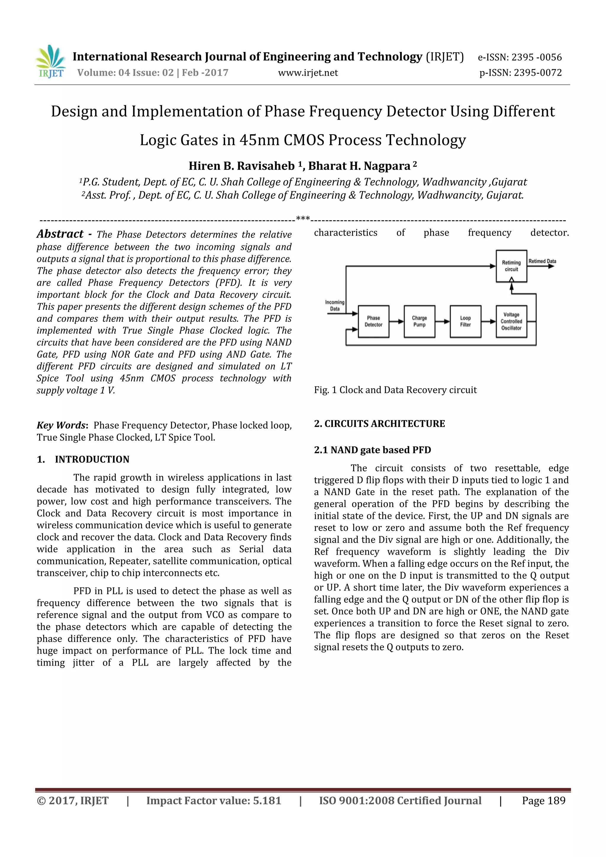 Design And Implementation Of Phase Frequency Detector Using Different Logic Gates In 45nm Cmos