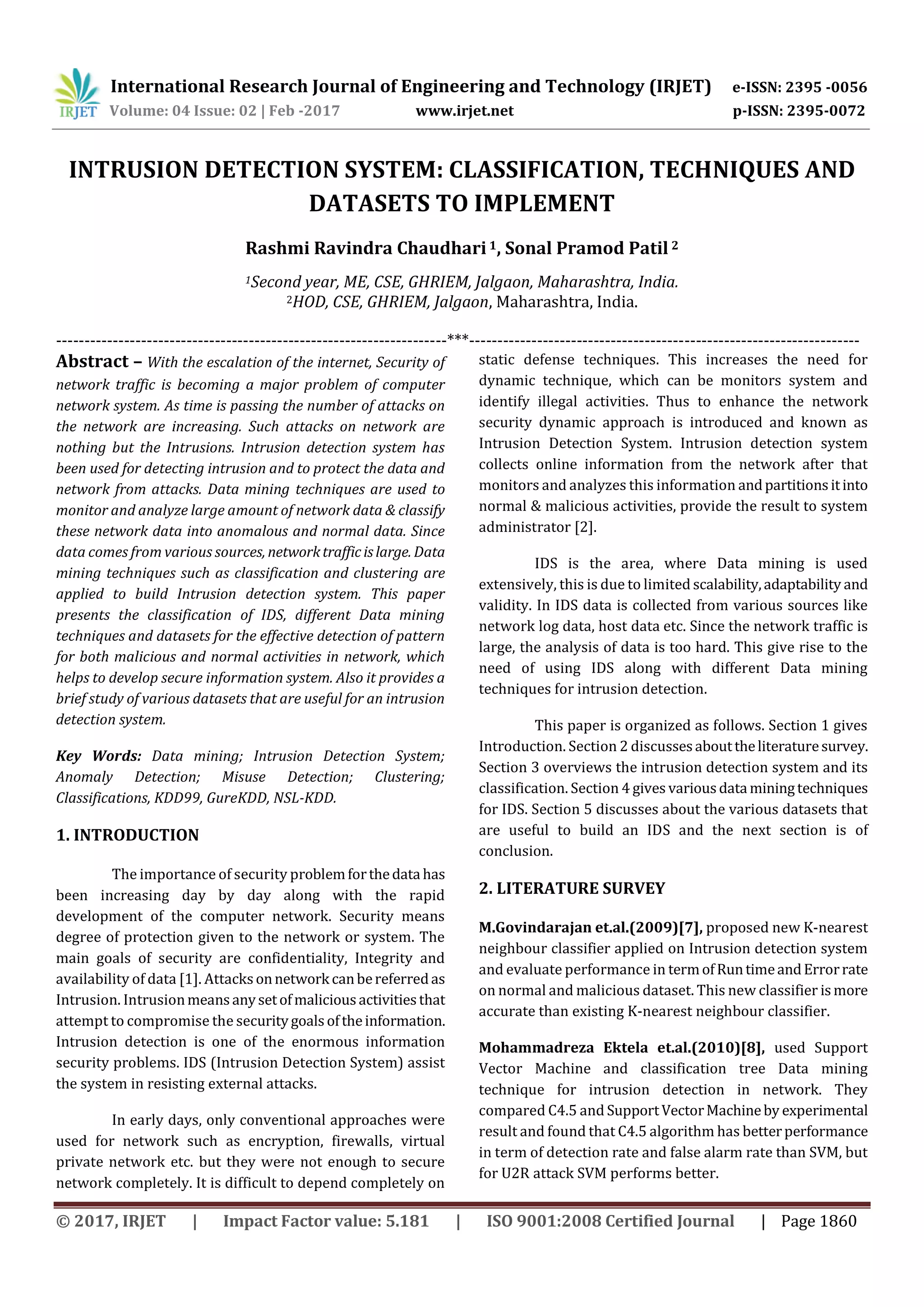 Intrusion detection system: classification, techniques and datasets to implement | PDF ...