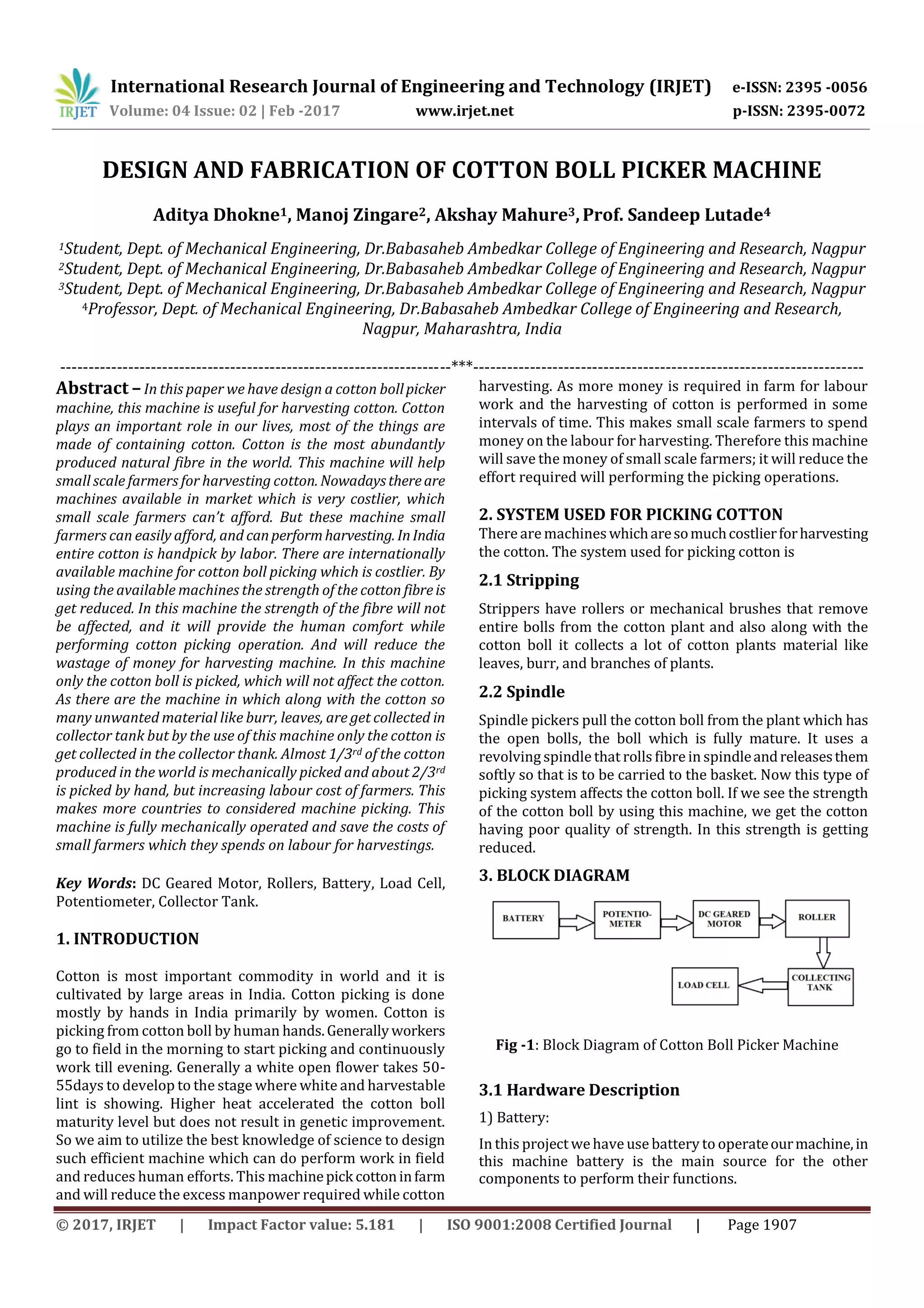 Design and fabrication of cotton boll picker machine | PDF