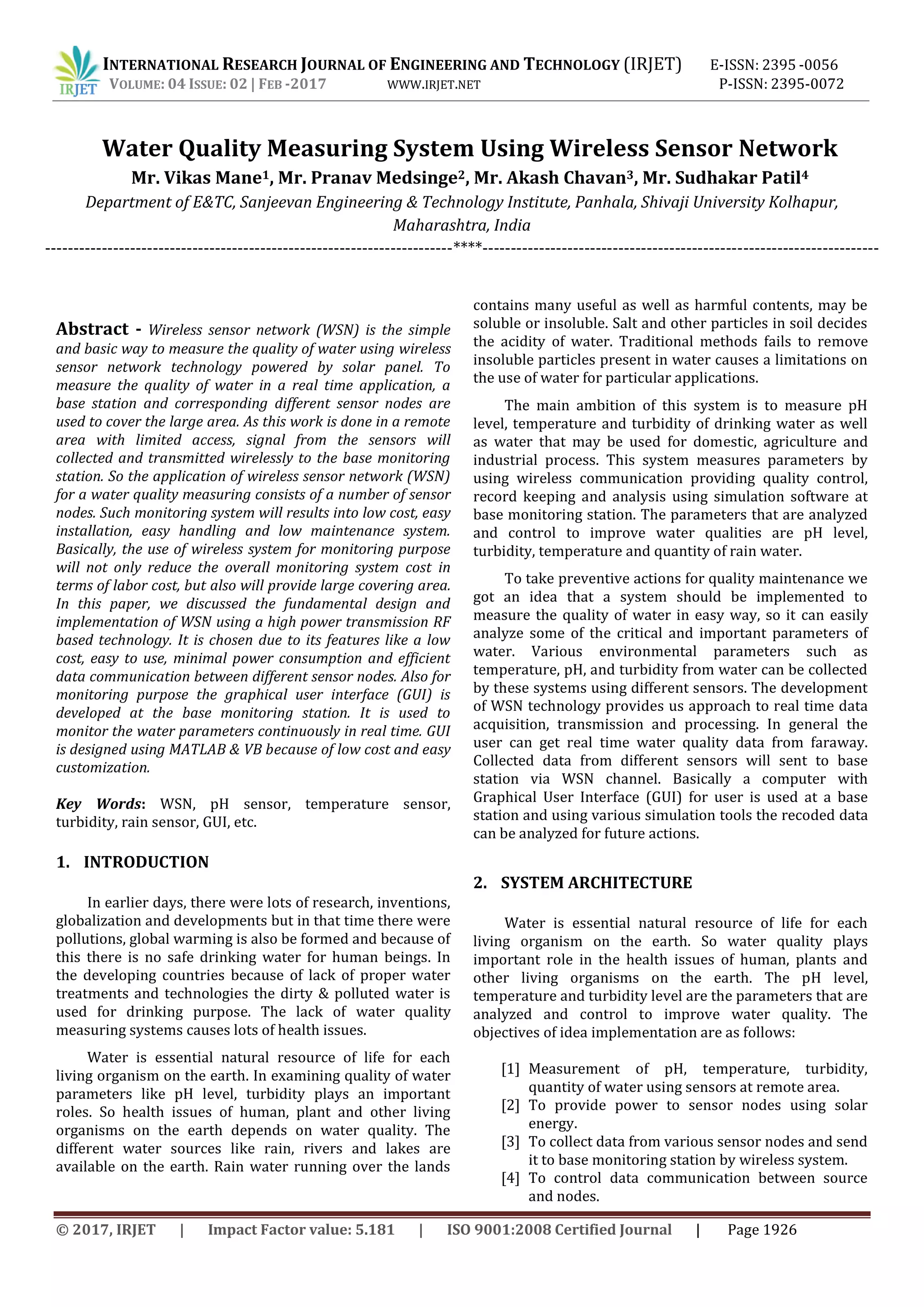 Water Quality Measuring System Using Wireless Sensor Network | PDF