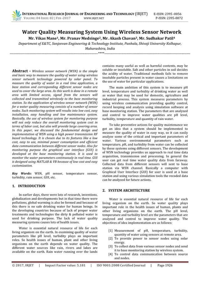 Water Quality Measuring System Using Wireless Sensor Network | PDF