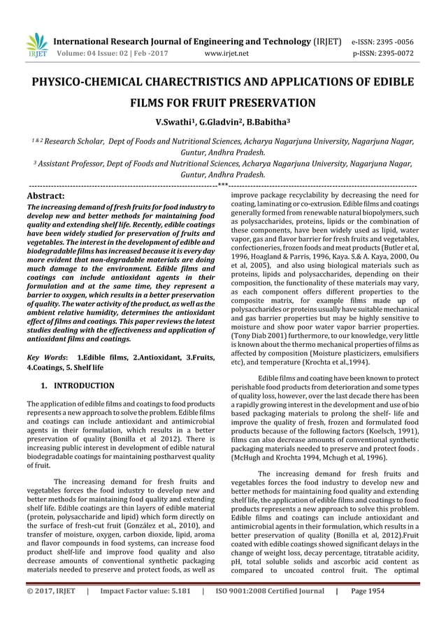 Physico-chemical charectristics and applications of edible films for fruit preservation | PDF ...