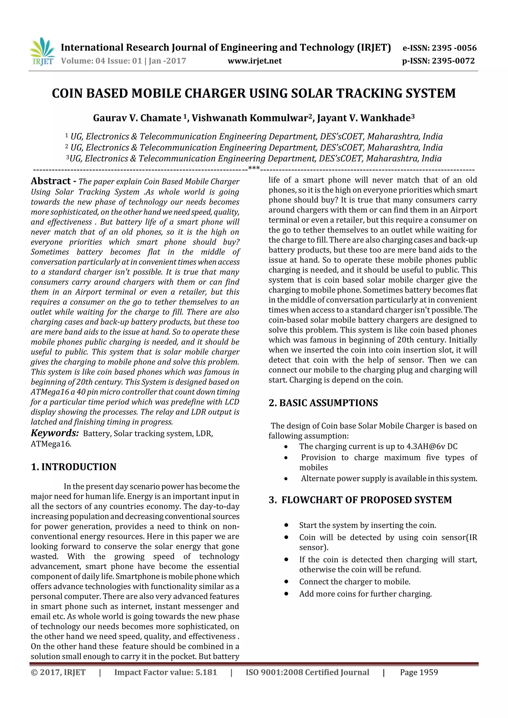 Coin based mobile charger using solar tracking system | PDF