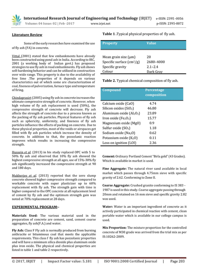 Experimental Study on concrete containing Fly ash | PDF
