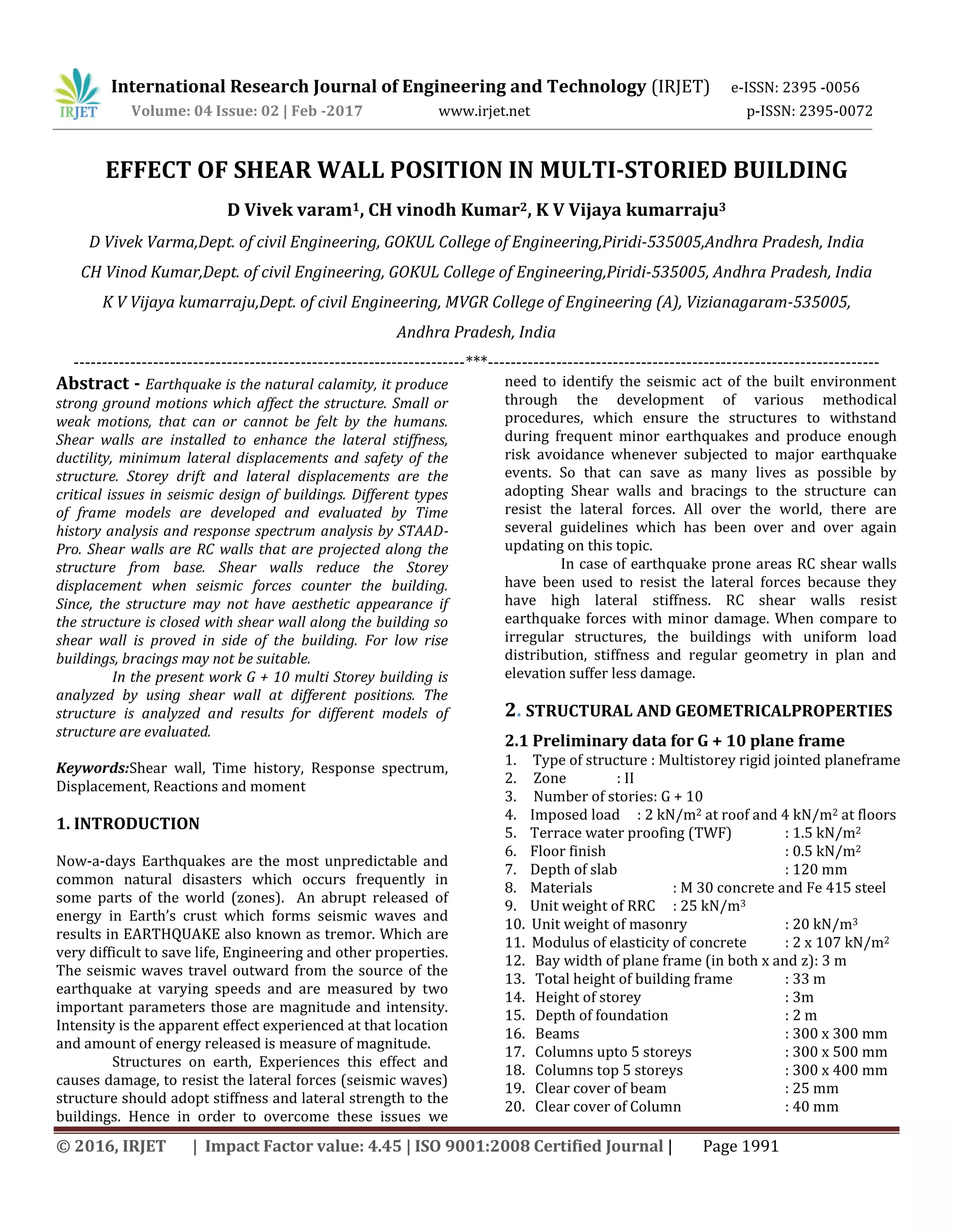 Effect of shear wall position in multi-storied building | PDF