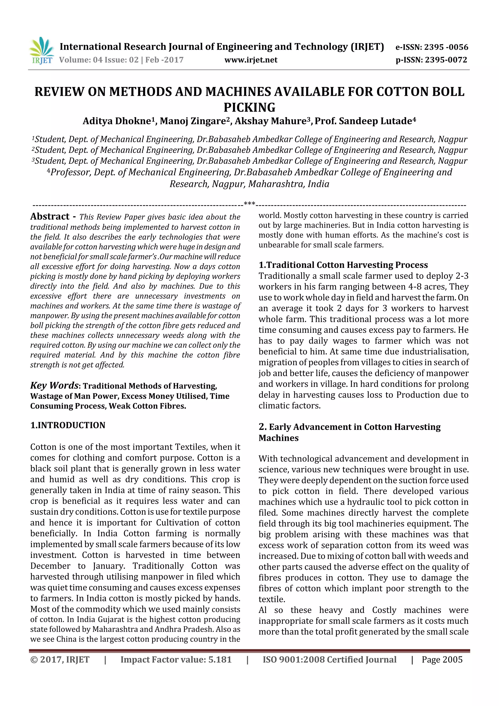 Review on methods and machines available for cotton boll picking | PDF