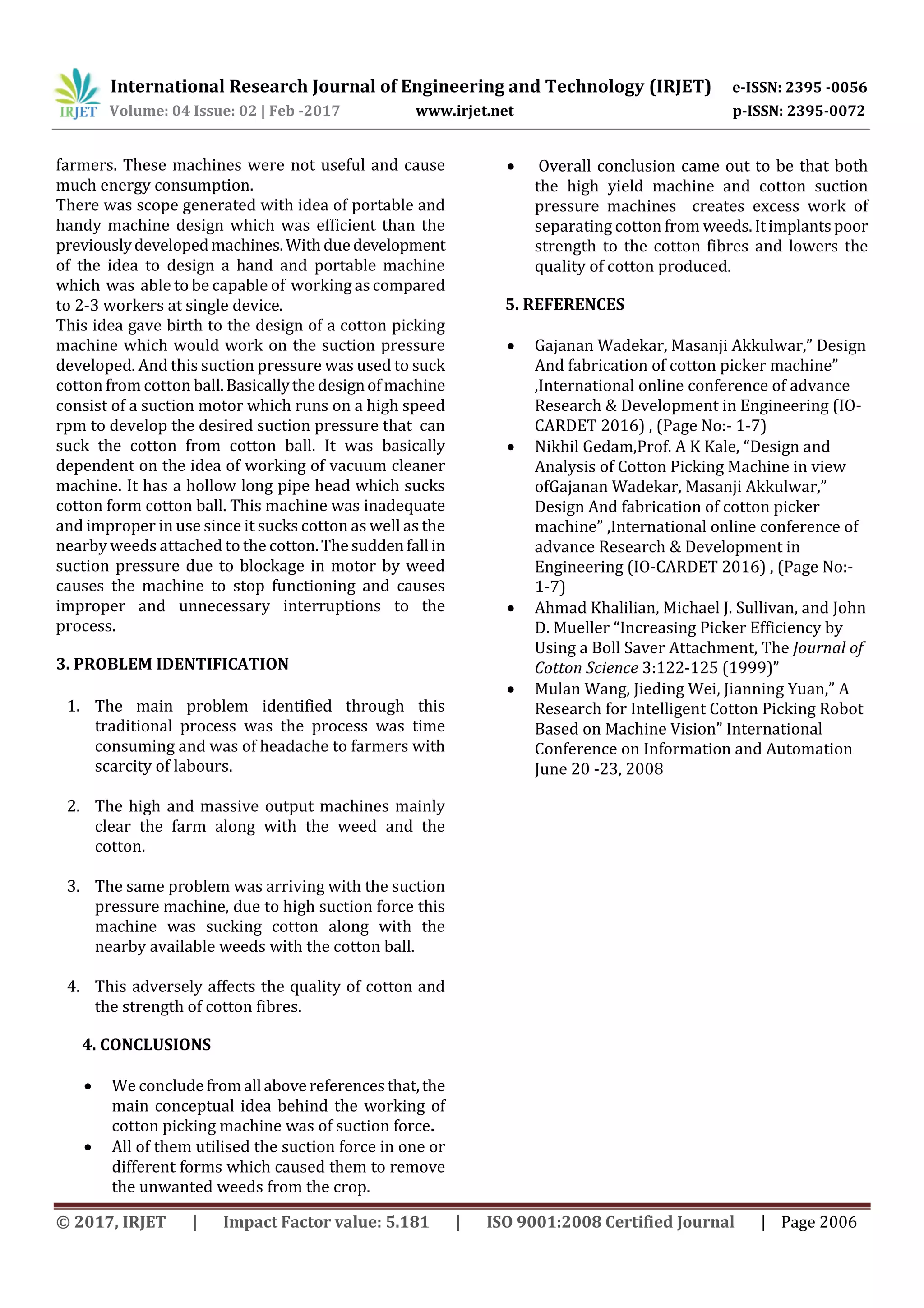Review on methods and machines available for cotton boll picking | PDF