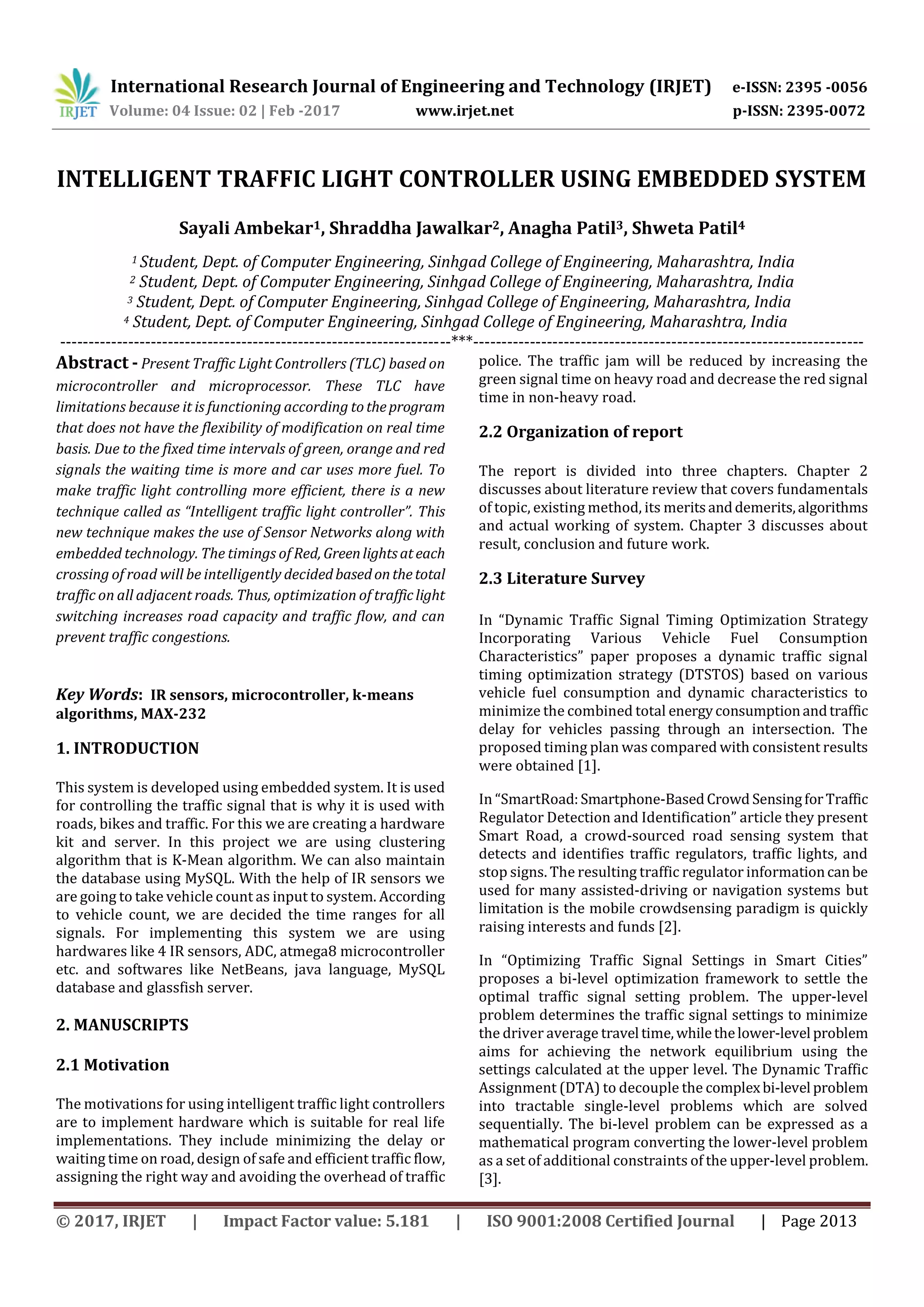 Intelligent traffic light controller using embedded system | PDF
