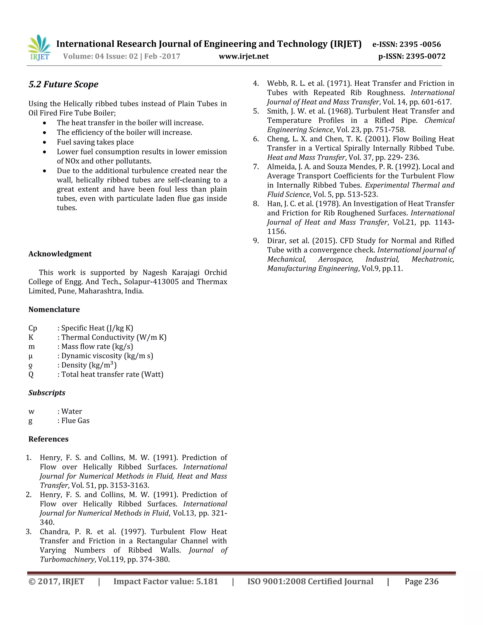 Heat transfer enhancement in fire tube boiler using hellically ribbed ...