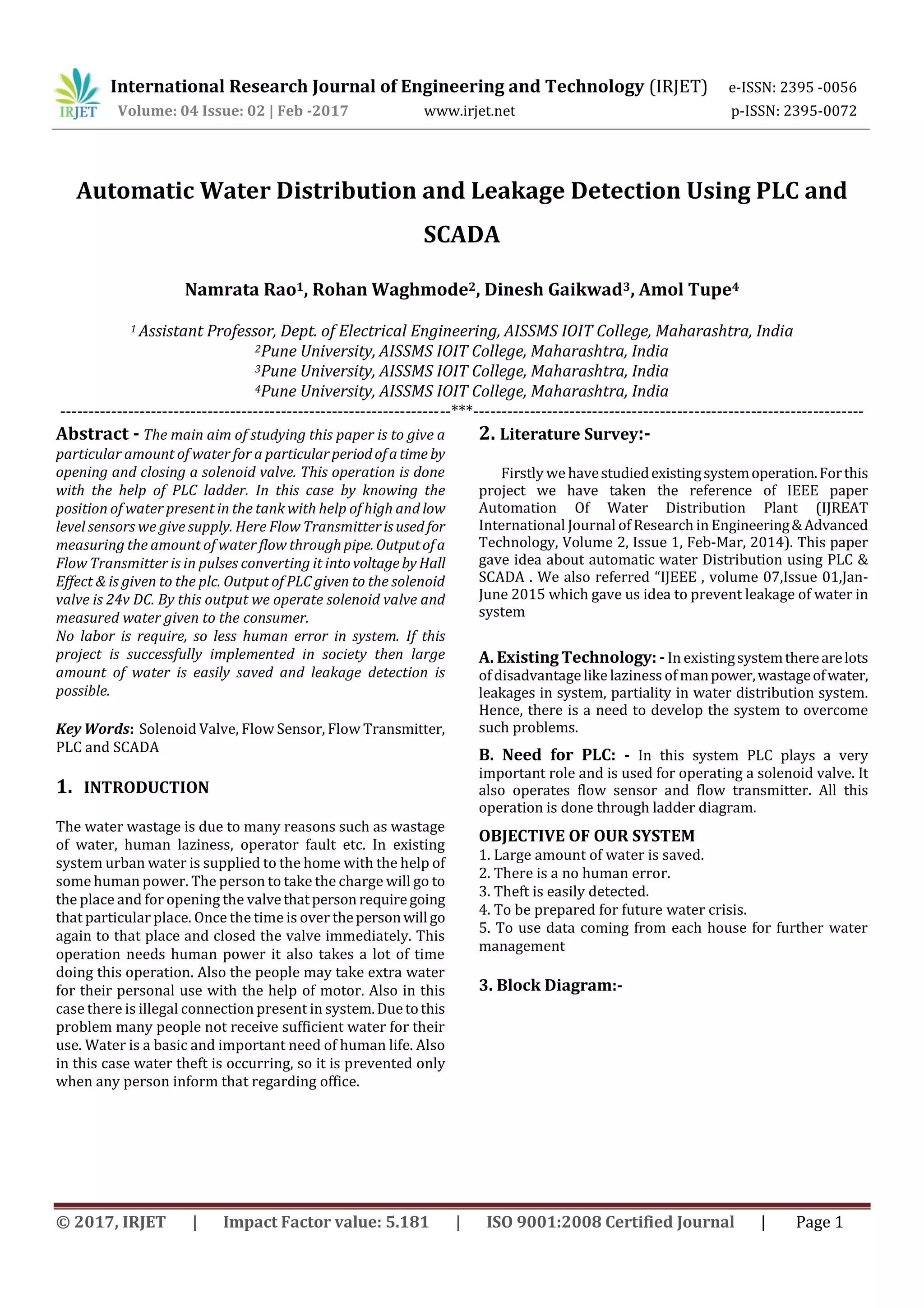 Automatic Water Distribution and Leakage Detection Using PLC and SCADA ...