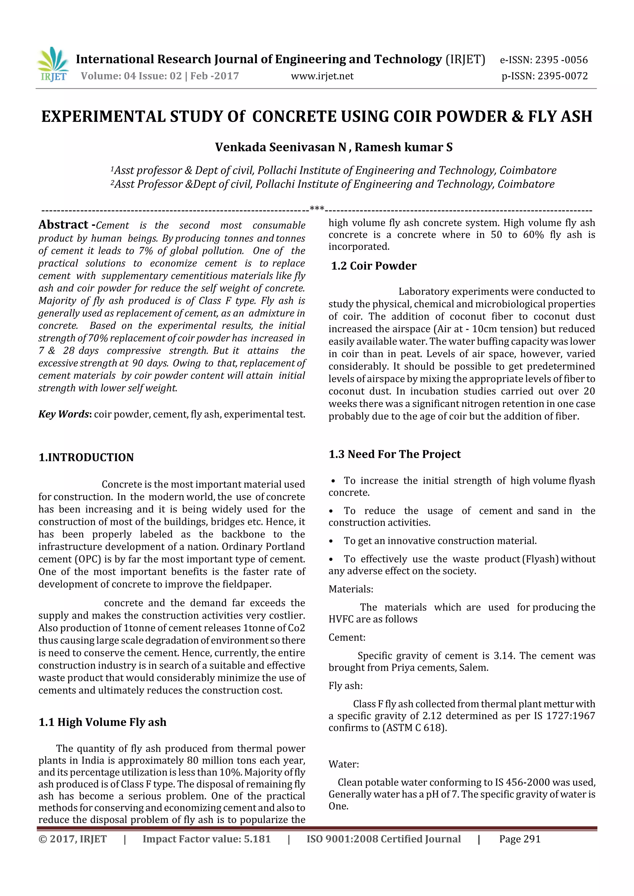 Experimental study of concrete using coir powder & fly ash | PDF