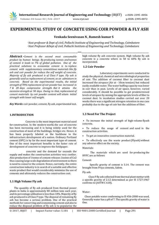 Experimental study of concrete using coir powder & fly ash | PDF