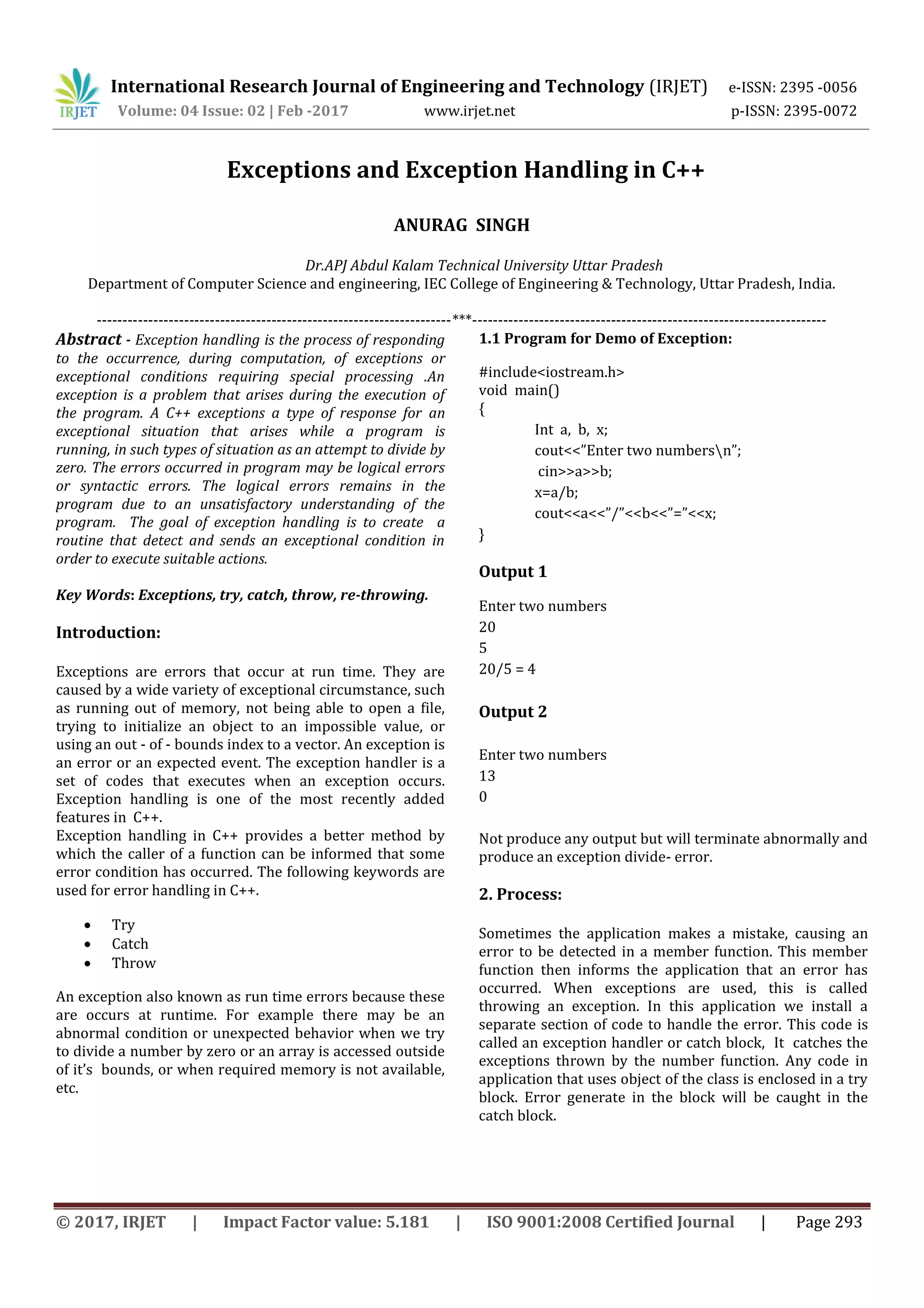 Exceptions and Exception Handling in C++ | PDF Exceptions and Exception Handling in C++ | PDF