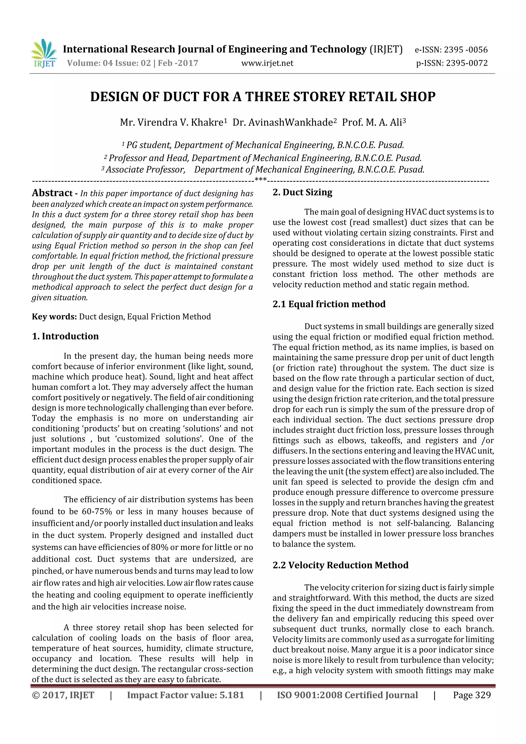 Design of duct for a three storey retail shop | PDF
