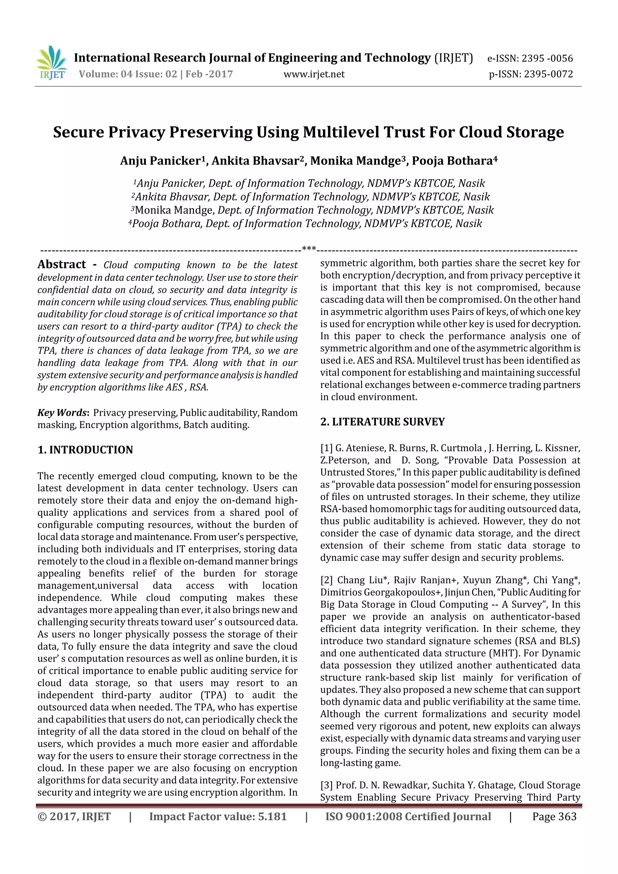 Secure Privacy Preserving Using Multilevel Trust For Cloud Storage | PDF