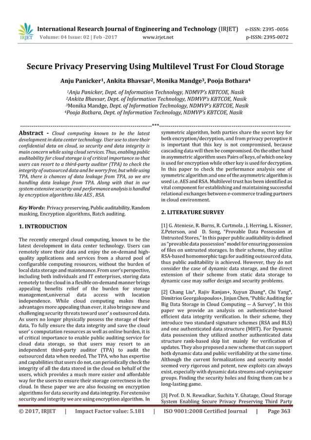 Secure Privacy Preserving Using Multilevel Trust For Cloud Storage | PDF