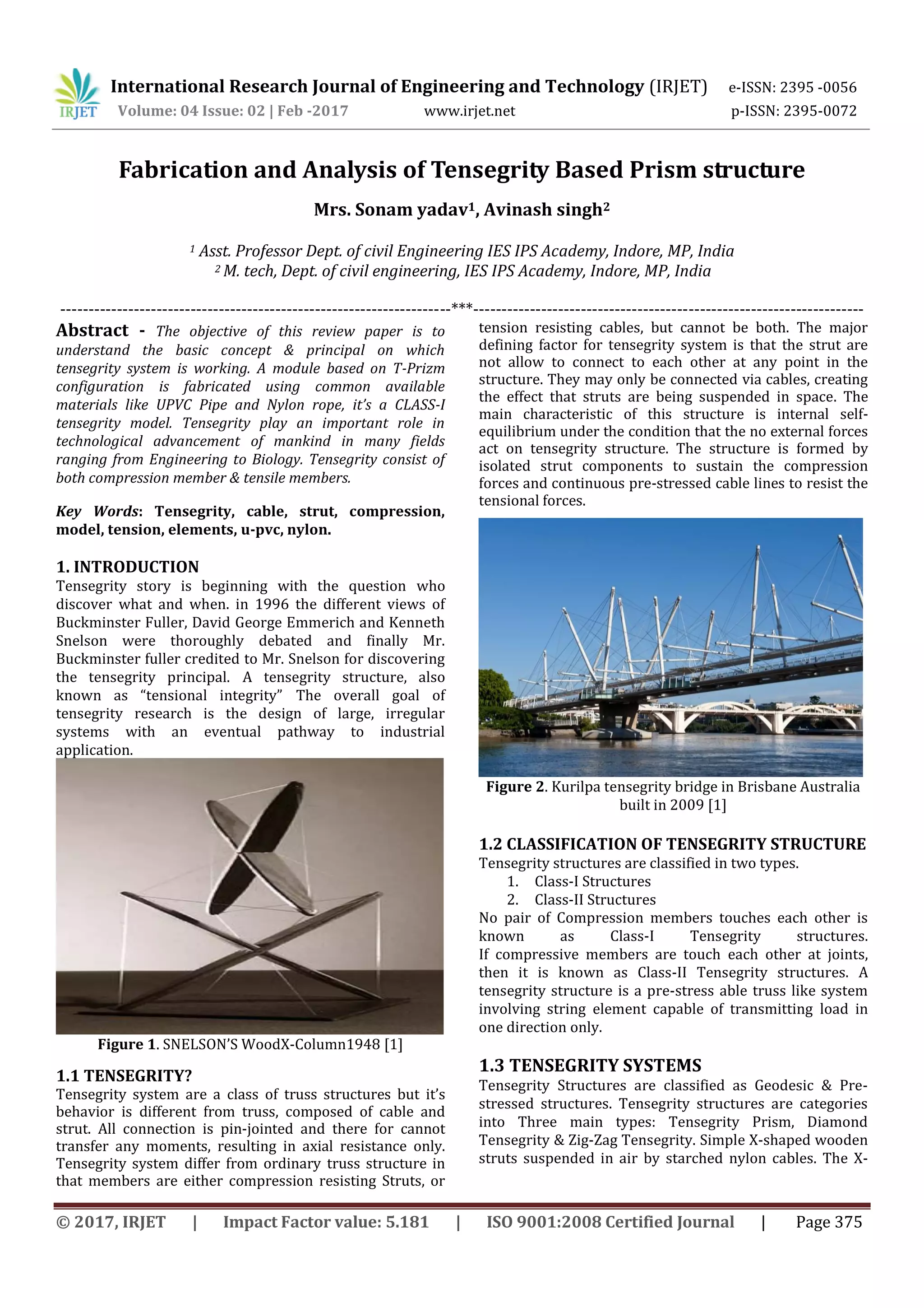 Fabrication and Analysis of Tensegrity Based Prism structure | PDF