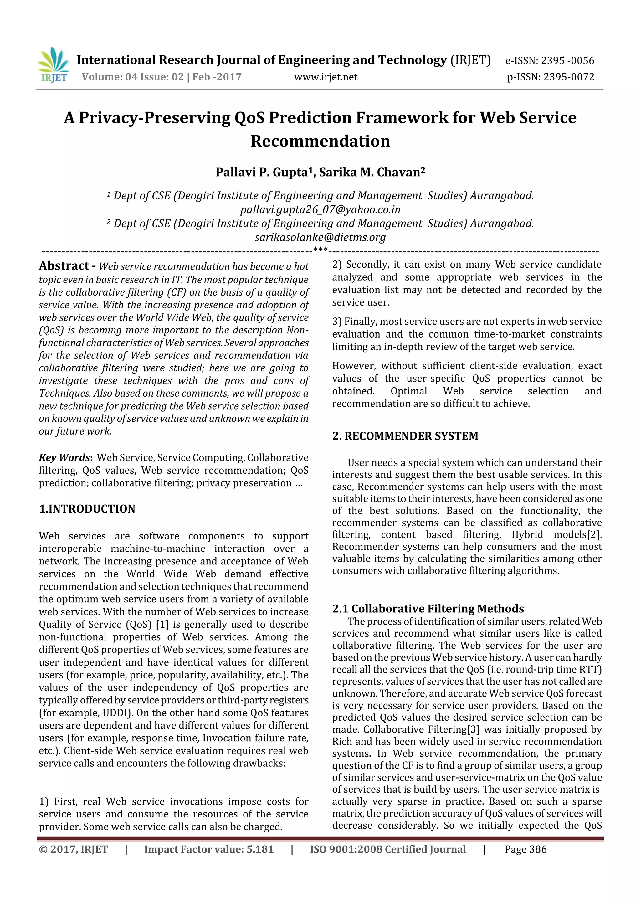 A Privacy Preserving Qos Prediction Framework For Web Service