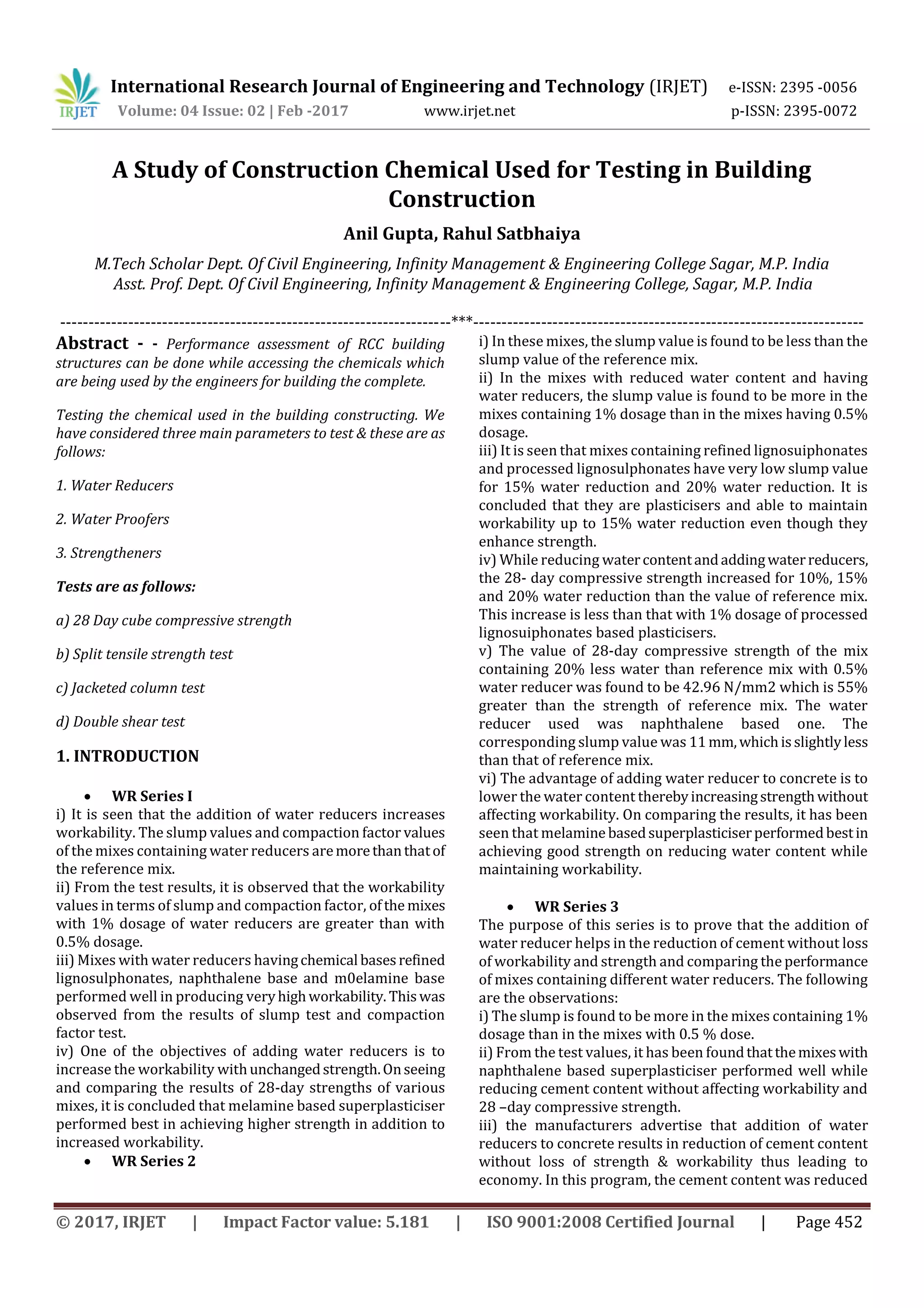 A Study of Construction Chemical Used for Testing in Building ...