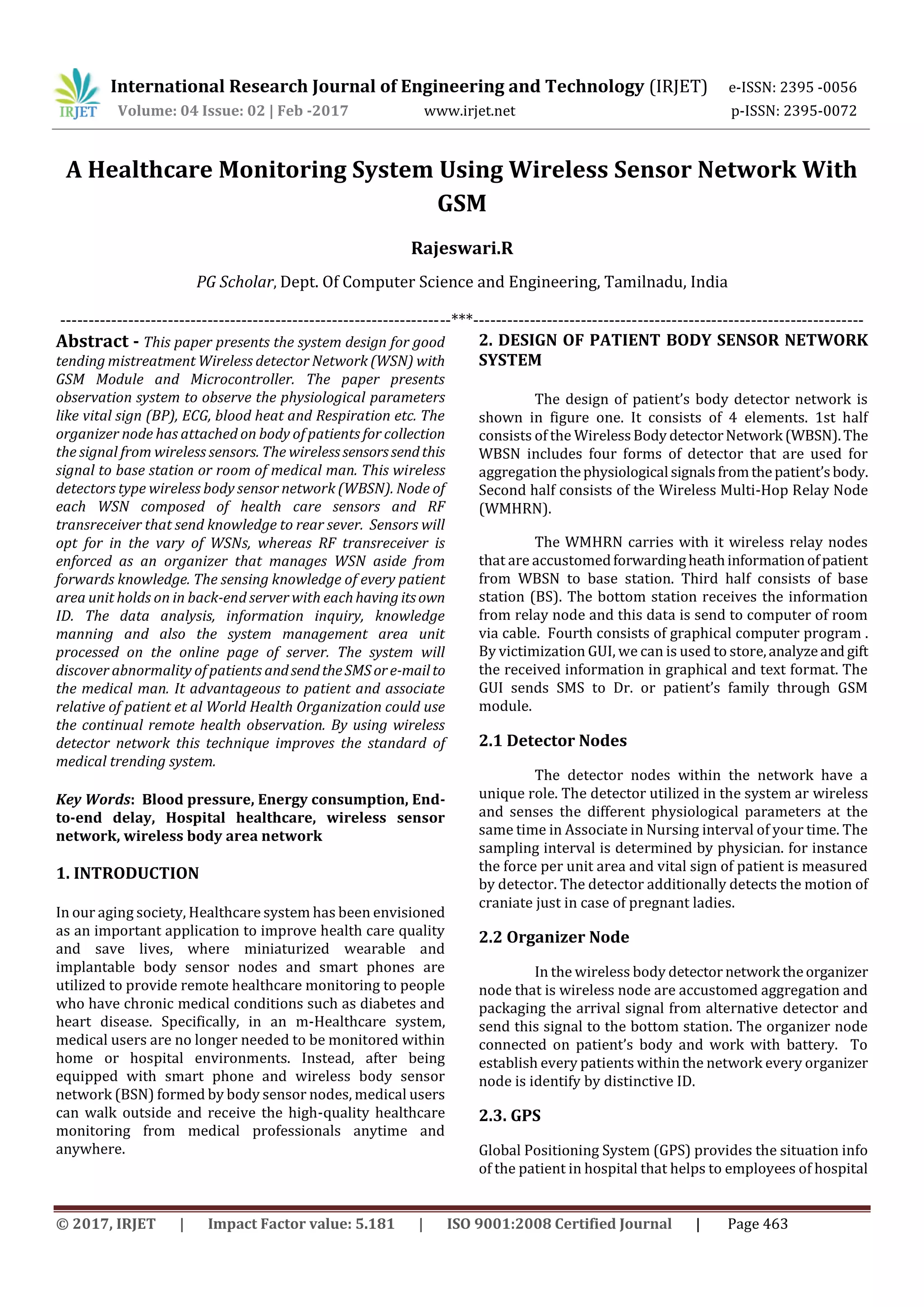 A Healthcare Monitoring System Using Wireless Sensor Network With GSM | PDF | Internet of Things ...