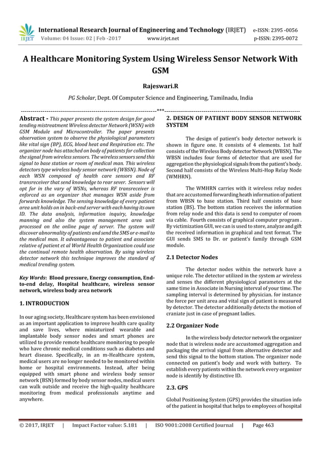 A Healthcare Monitoring System Using Wireless Sensor Network With GSM | PDF | Internet of Things ...