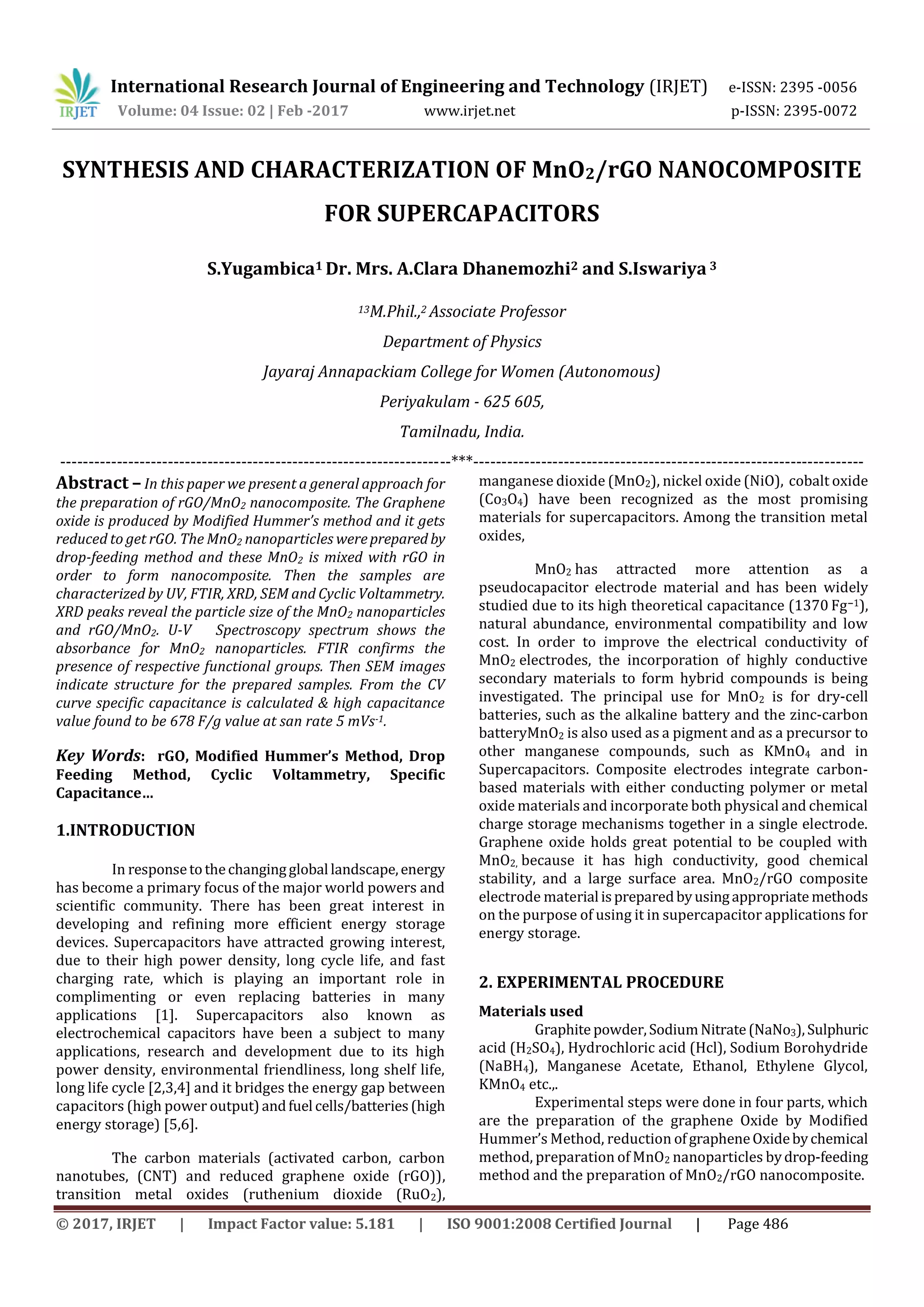 Synthesis and characterization of MnO2/rGO nano composite for super ...