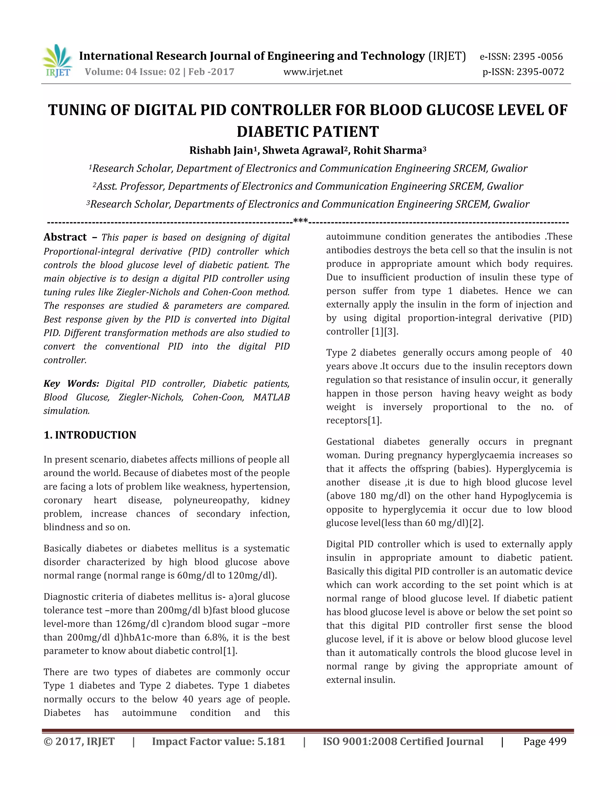 Tuning of digital PID controller for blood glucose level of diabetic ...