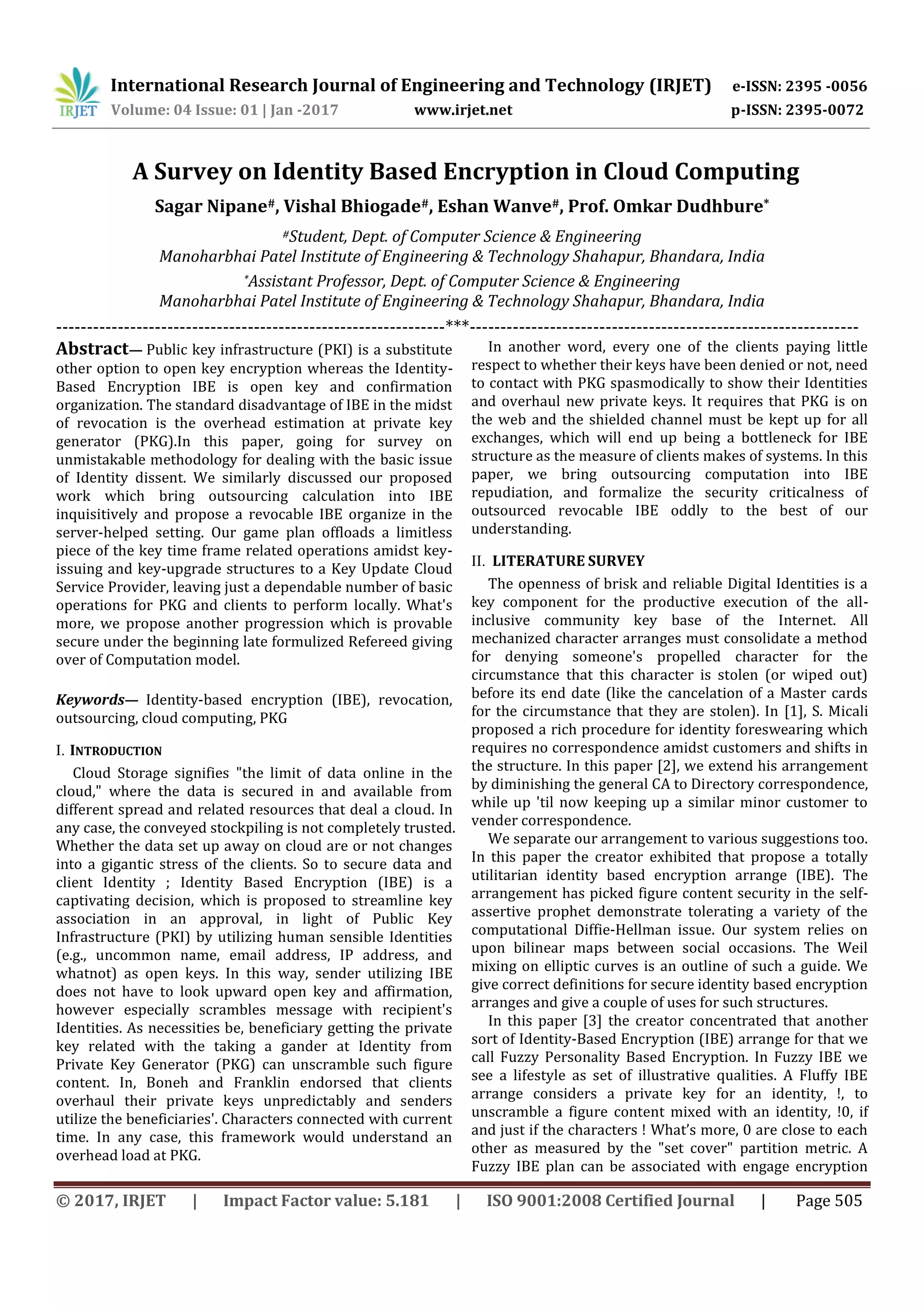 A Survey on Identity Based Encryption in Cloud Computing | PDF