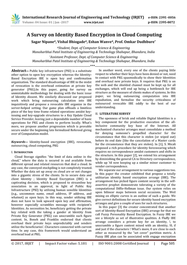 A Survey on Identity Based Encryption in Cloud Computing | PDF