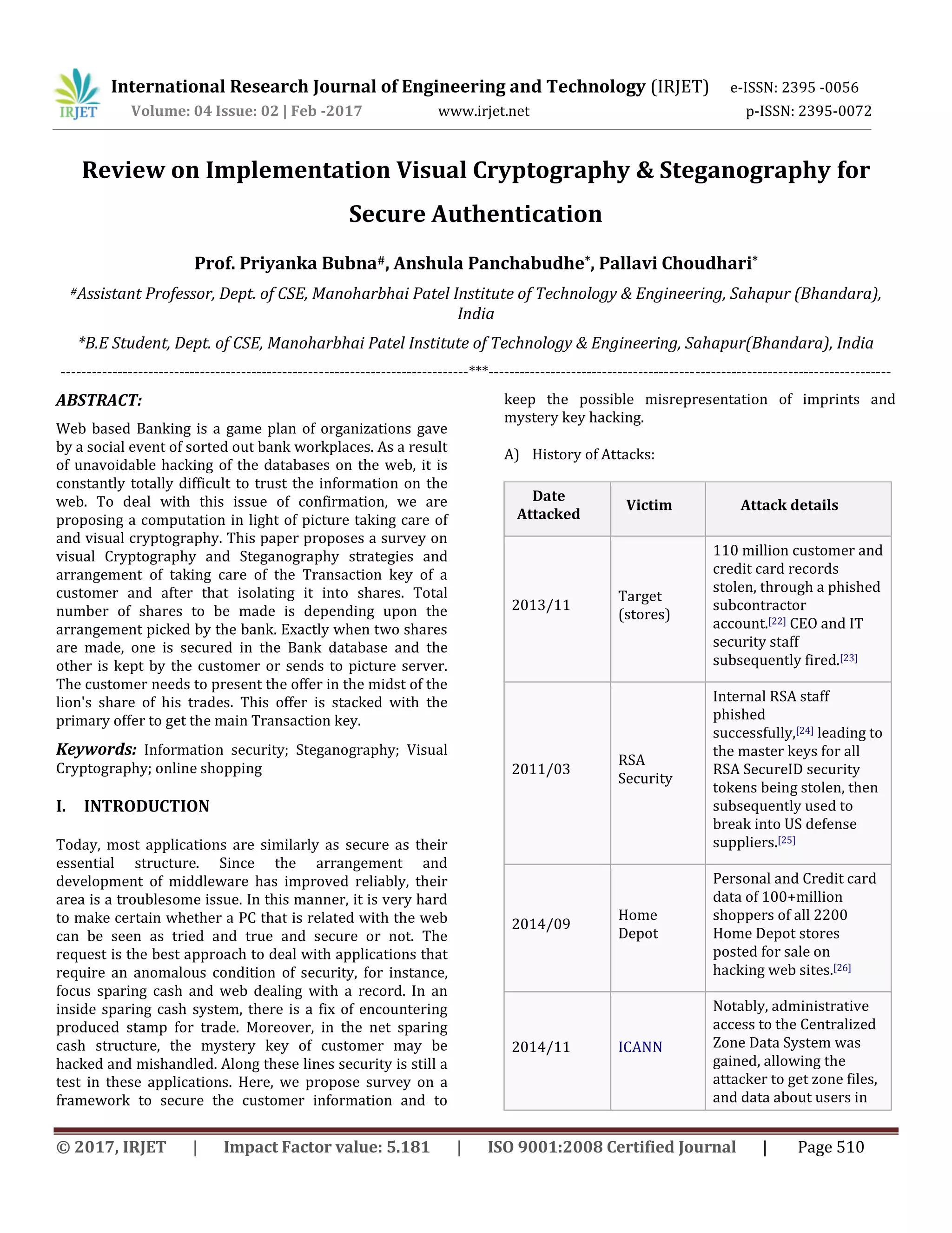 Review on Implementation Visual Cryptography & Steganography for Secure Authentication | PDF