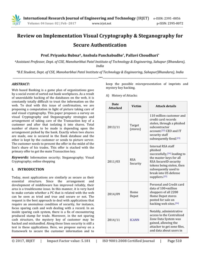 Review on Implementation Visual Cryptography & Steganography for Secure Authentication | PDF