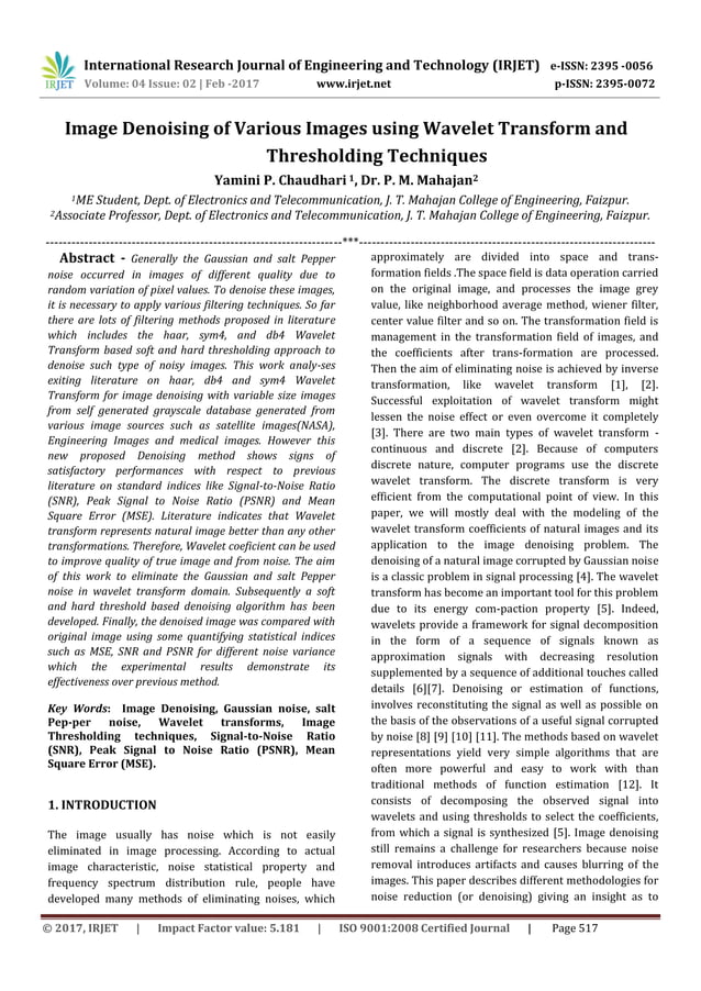 Image Denoising of various images Using Wavelet Transform and Thresholding Techniques | PDF
