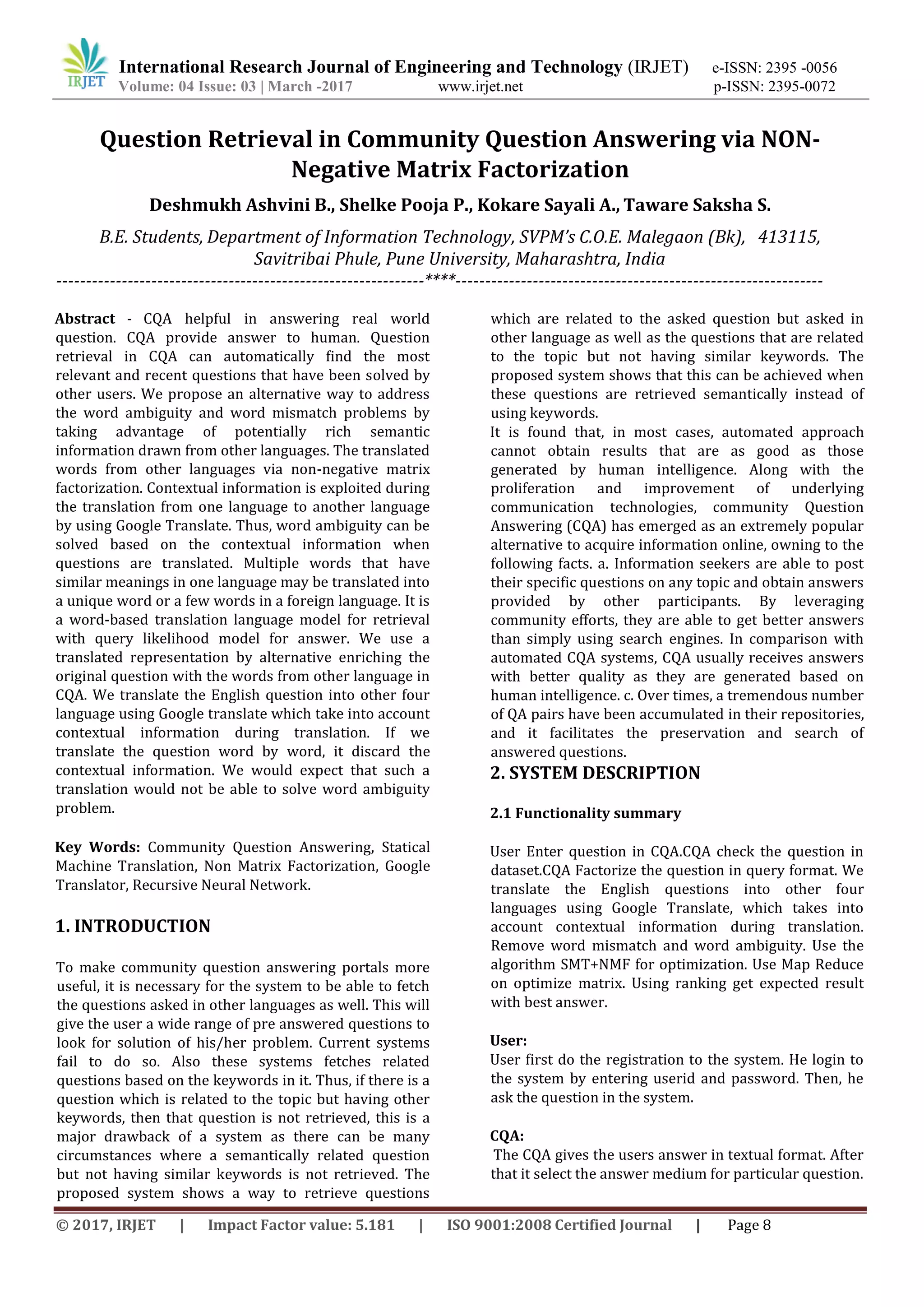 Question Retrieval in Community Question Answering via NON-Negative Matrix Factorization | PDF