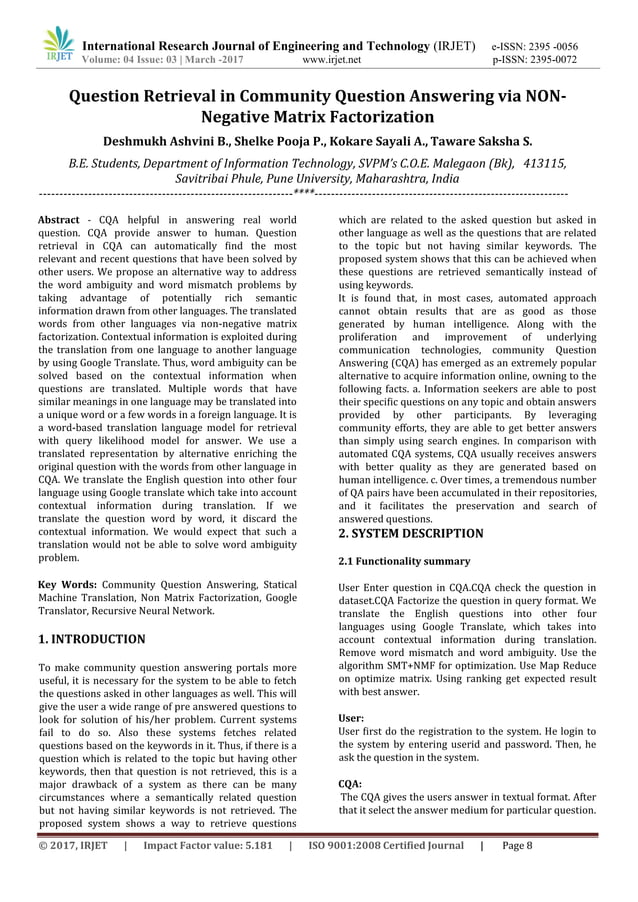 Question Retrieval in Community Question Answering via NON-Negative Matrix Factorization | PDF