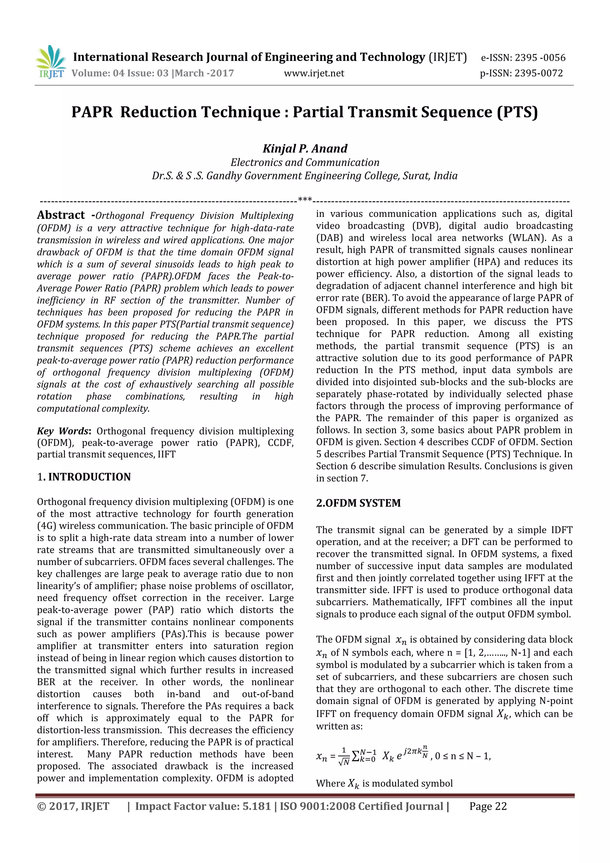Papr Reduction Technique Partial Transmit Sequence Pts Pdf