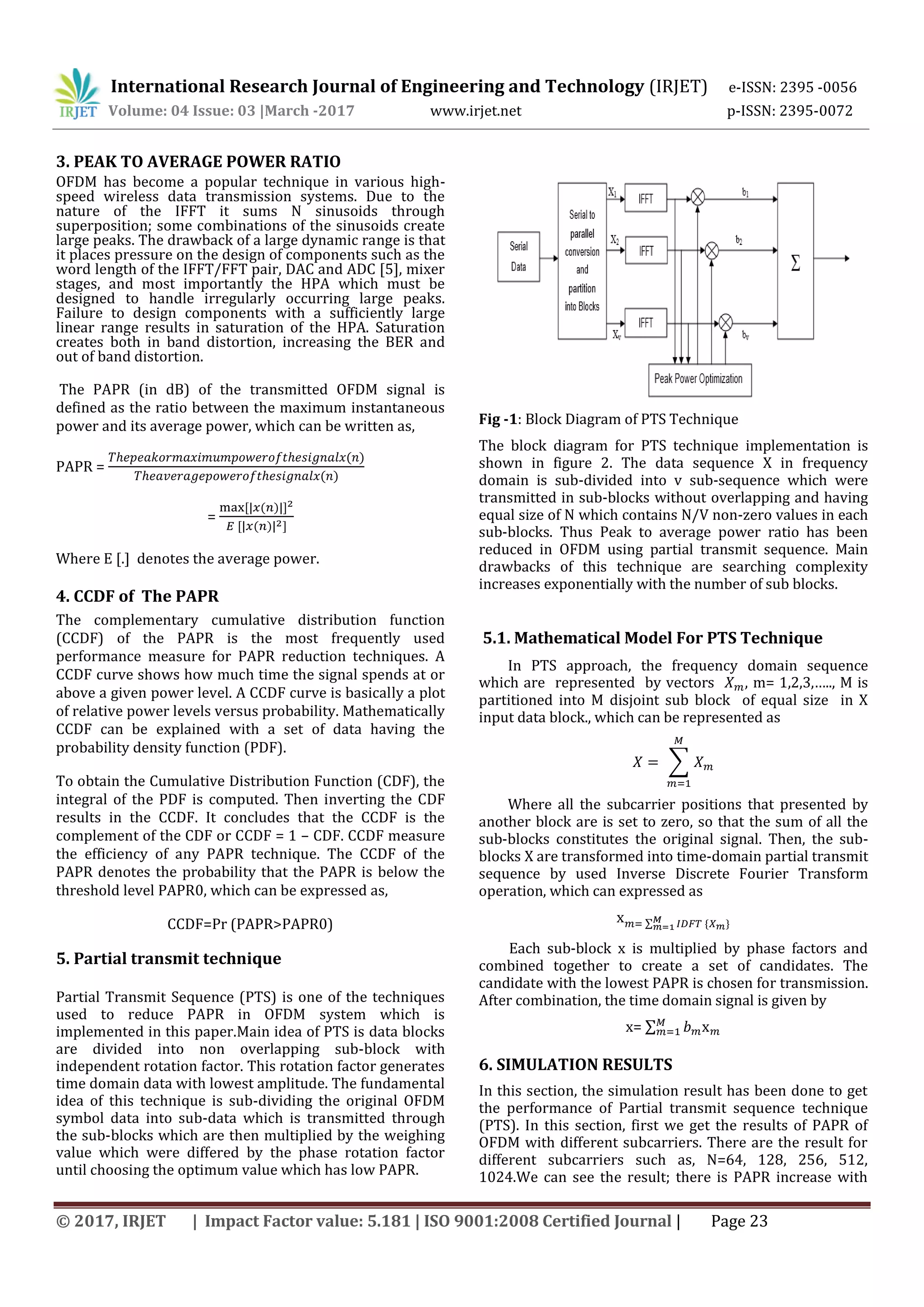 Papr Reduction Technique Partial Transmit Sequence Pts Pdf