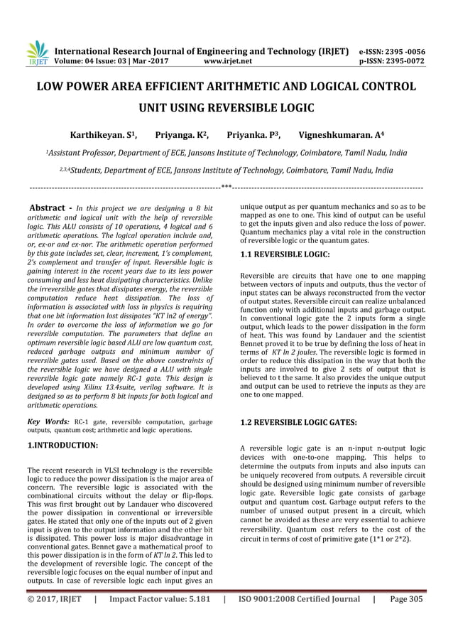 Low Power Area Efficient Arithmetic And Logical Control Unit Using Reversible Logic Pdf