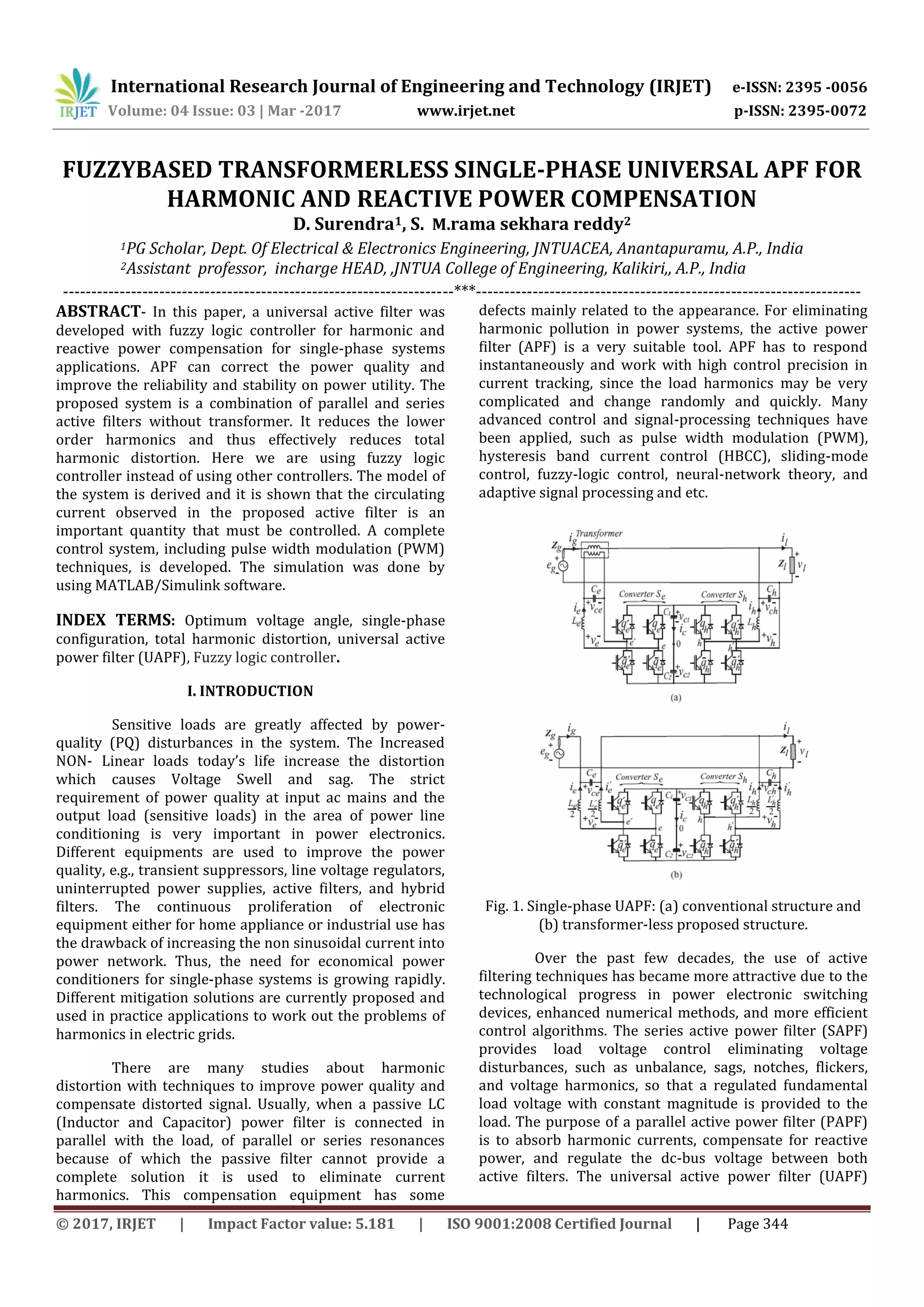 Fuzzybased Transformerless Single-Phase Universal Apf for Harmonic and Reactive Power ...