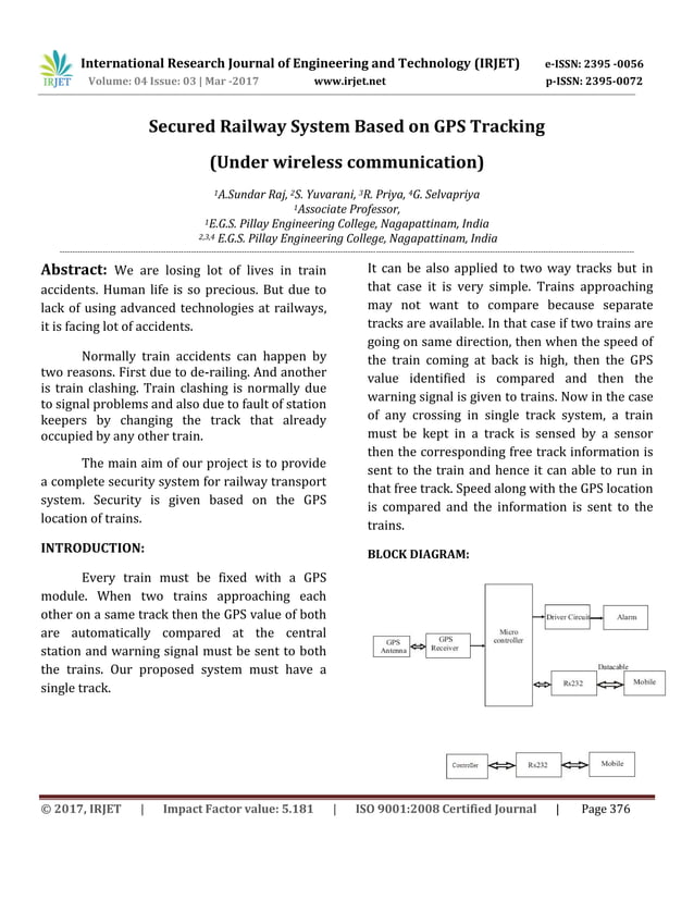 Secured Railway System Based on GPS Tracking (Under wireless communication) | PDF