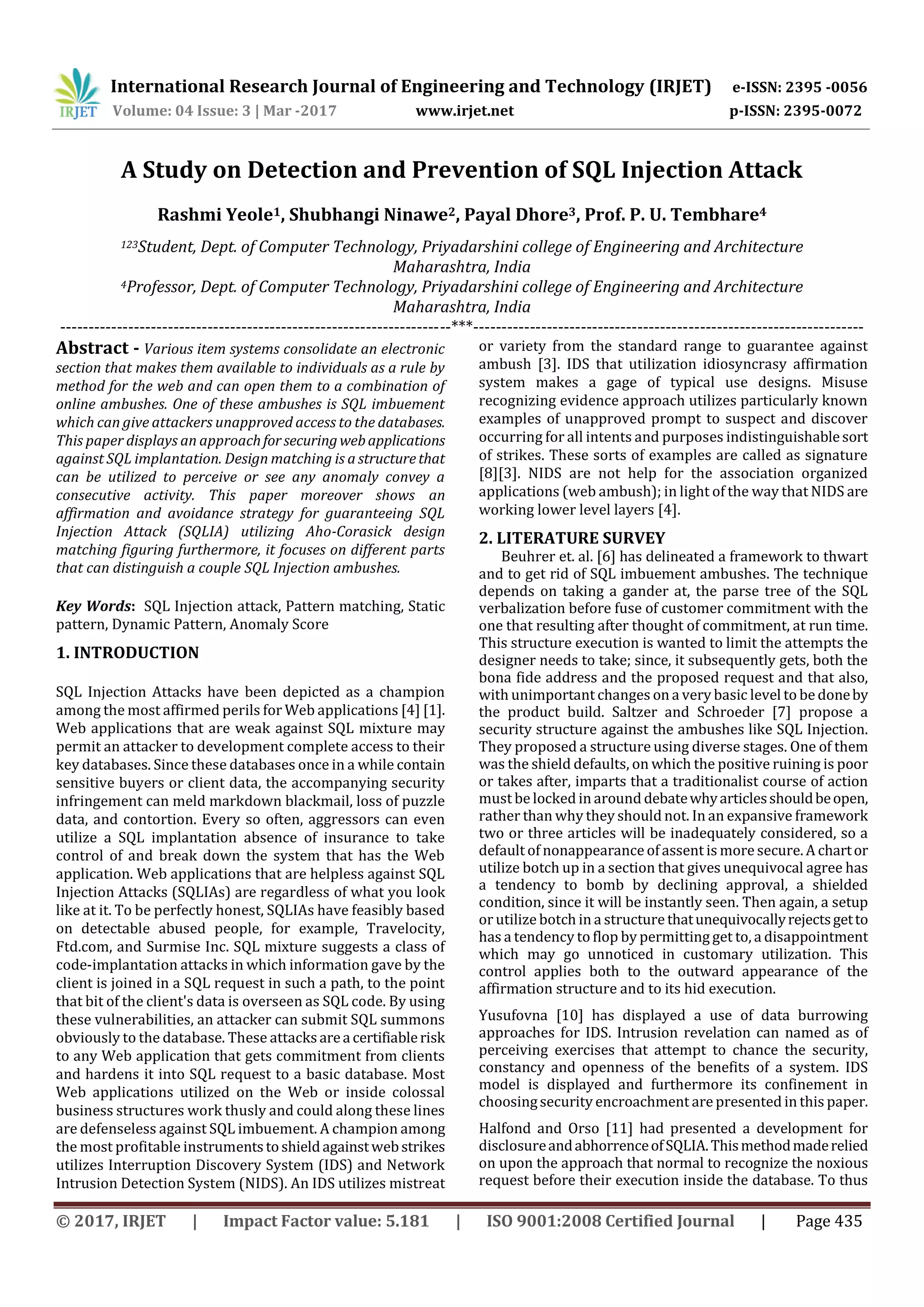 A Study on Detection and Prevention of SQL Injection Attack | PDF