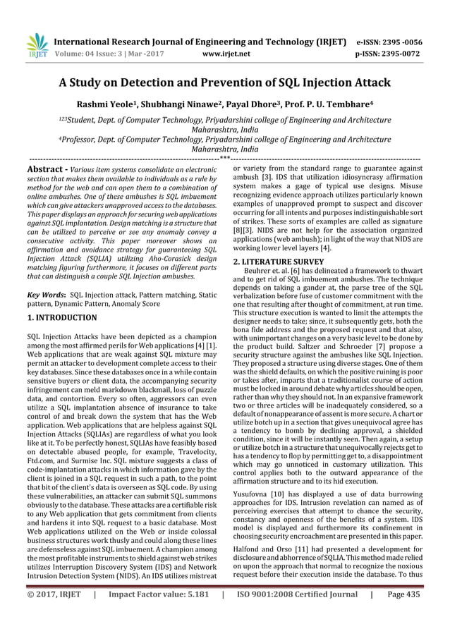 A Study on Detection and Prevention of SQL Injection Attack | PDF