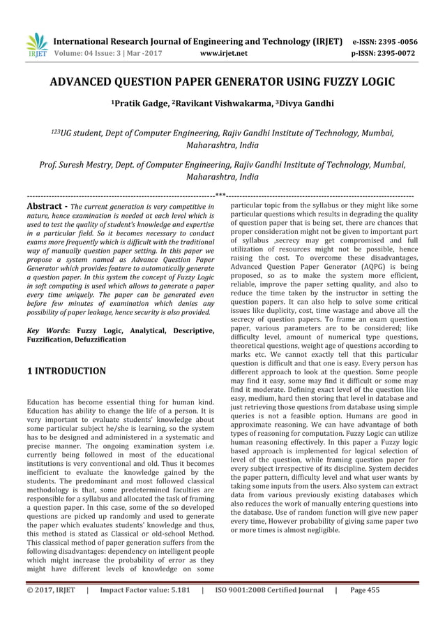 Advanced Question Paper Generator using Fuzzy Logic | PDF