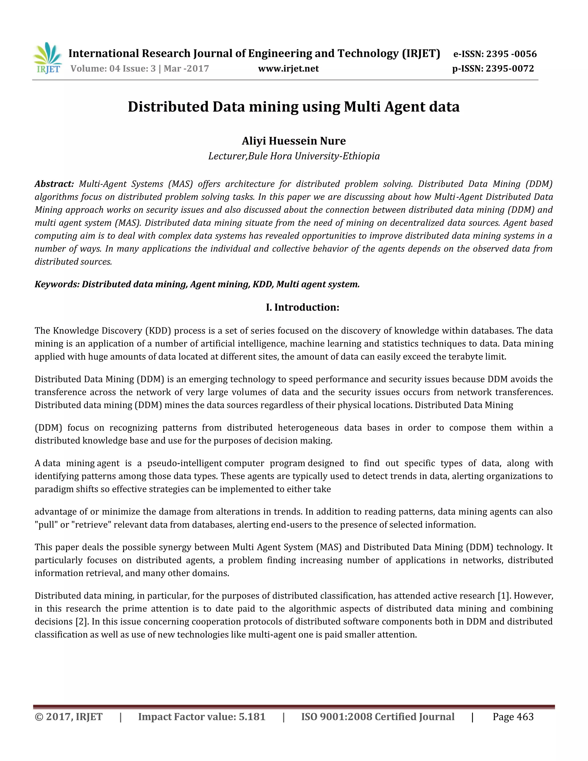 Distributed Data Mining Using Multi Agent Data Pdf 