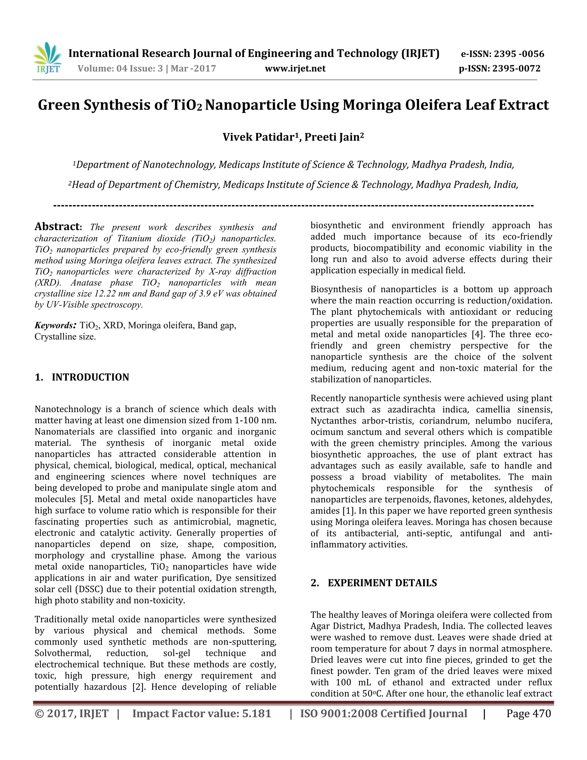 Green Synthesis of TiO2 Nanoparticle Using Moringa Oleifera Leaf Extract | PDF