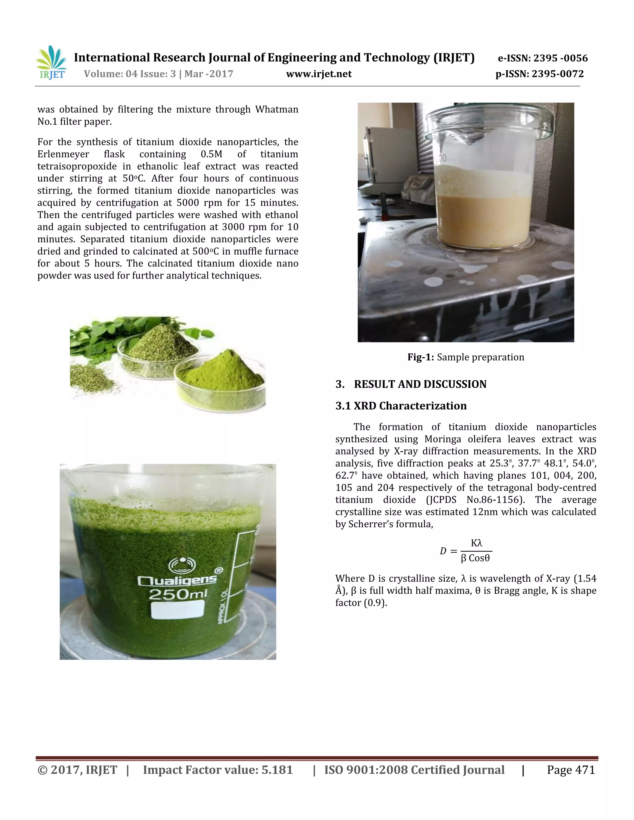 Green Synthesis of TiO2 Nanoparticle Using Moringa Oleifera Leaf Extract | PDF