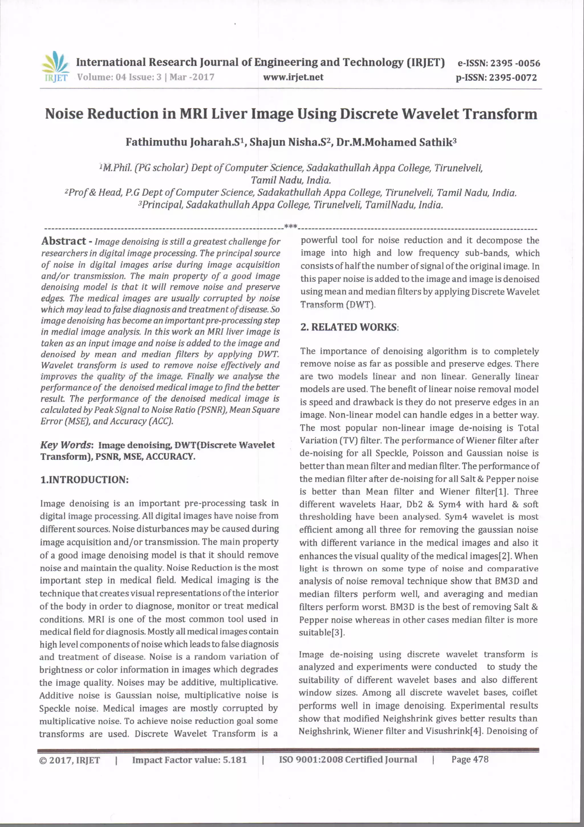 Noise Reduction in MRI Liver Image Using Discrete Wavelet Transform | PDF