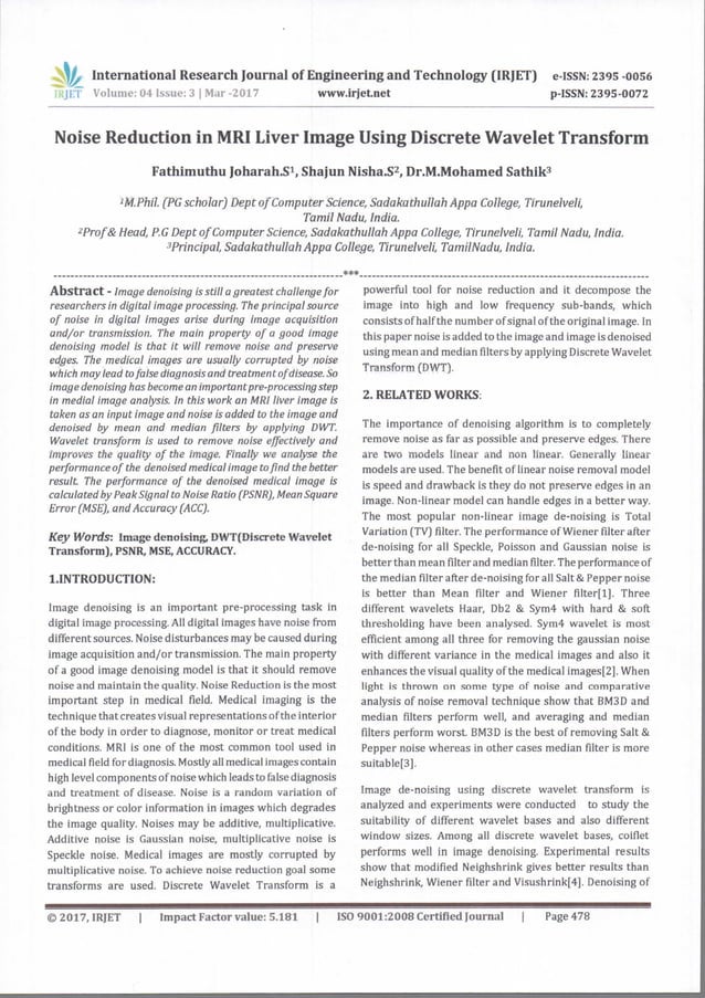 Noise Reduction In Mri Liver Image Using Discrete Wavelet Transform Pdf