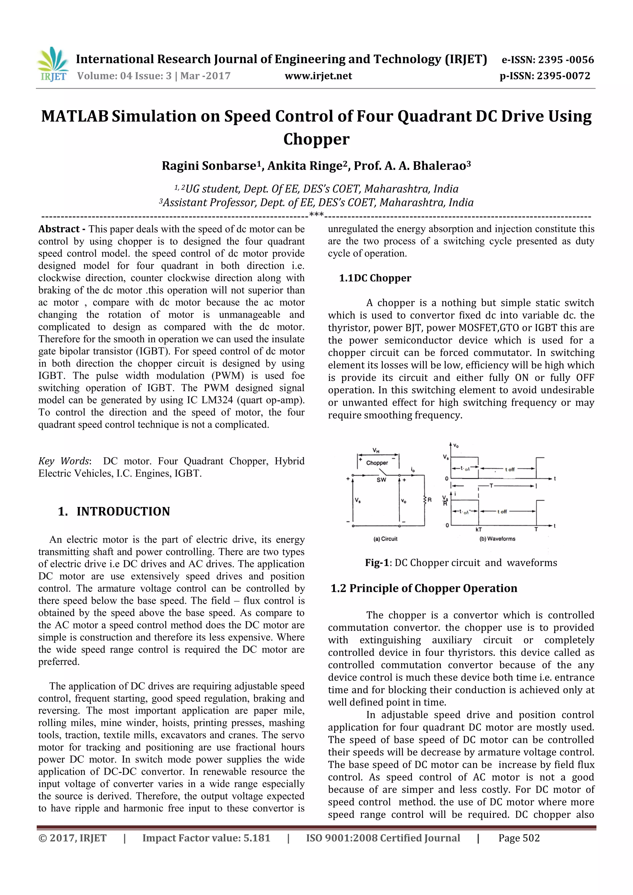 Matlab Simulation On Speed Control Of Four Quadrant Dc Drive Using Chopper Pdf Radio Control