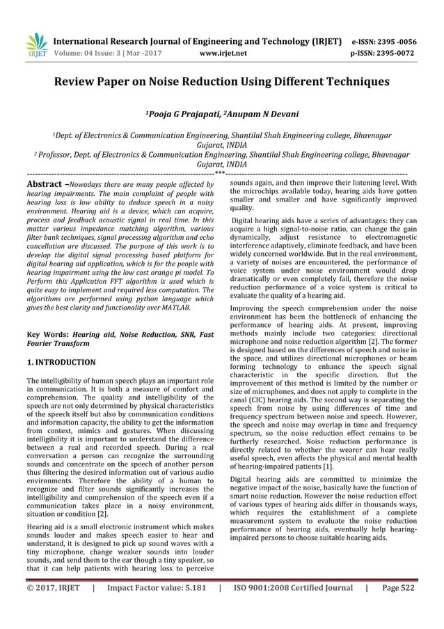 Review Paper on Noise Reduction Using Different Techniques | PDF