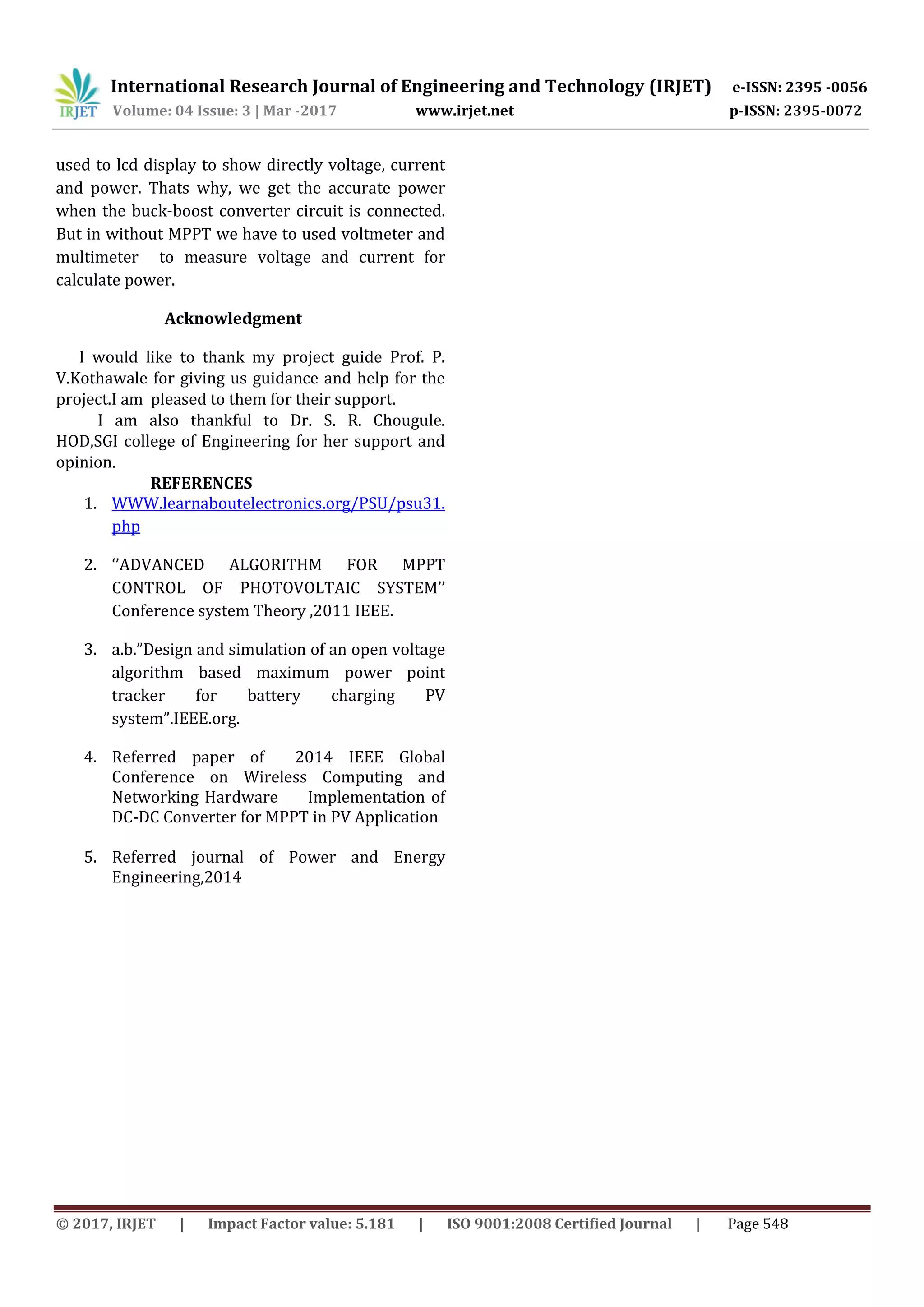Paper on Implementation Of MPPT Charge Controller Based Buck-Boost Converter | PDF